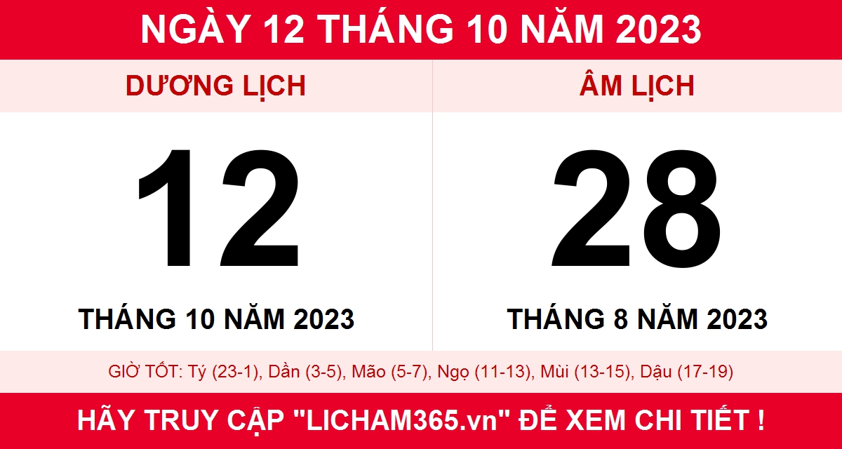 Lịch âm ngày 12 tháng 10 năm 2023, xem lịch âm hôm nay 12/10/2023