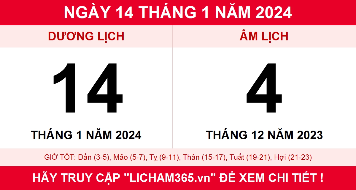 Lịch âm ngày 14 tháng 1 năm 2024, xem lịch âm hôm nay 14/1/2024