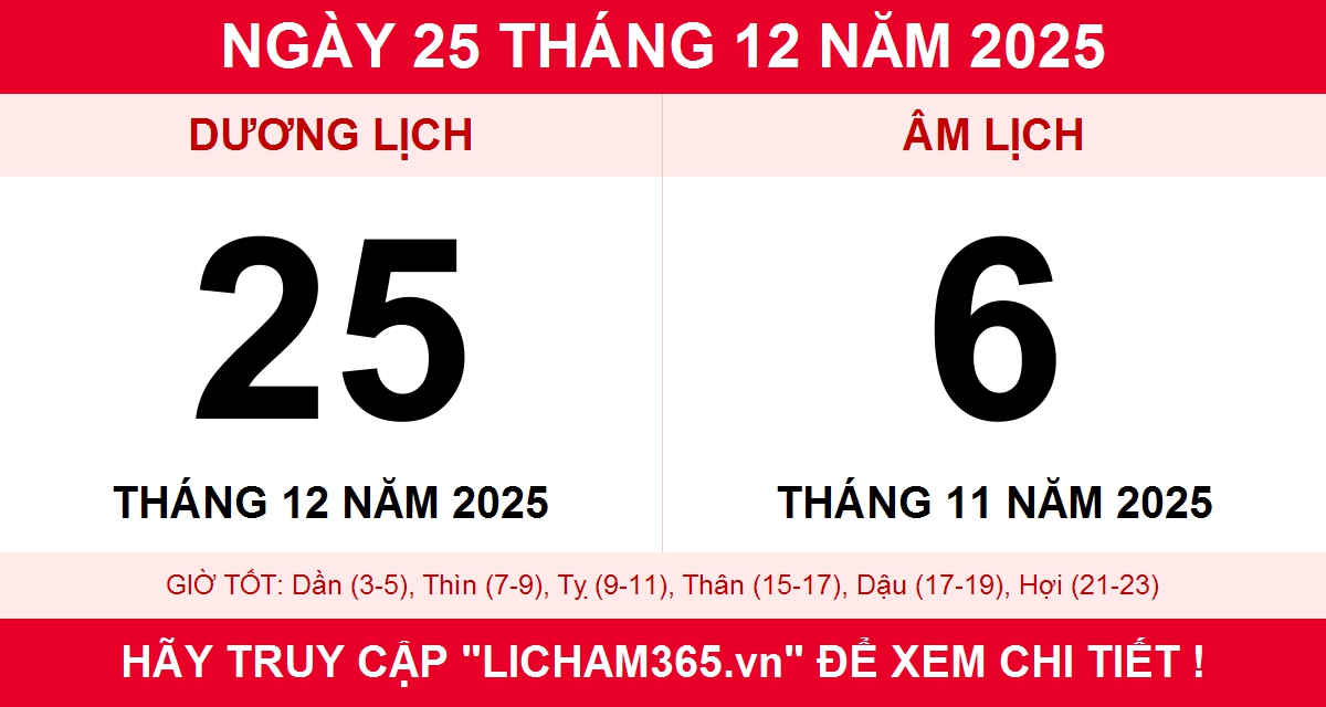 Lịch âm ngày 25 tháng 12 năm 2025, xem lịch âm hôm nay 25/12/2025