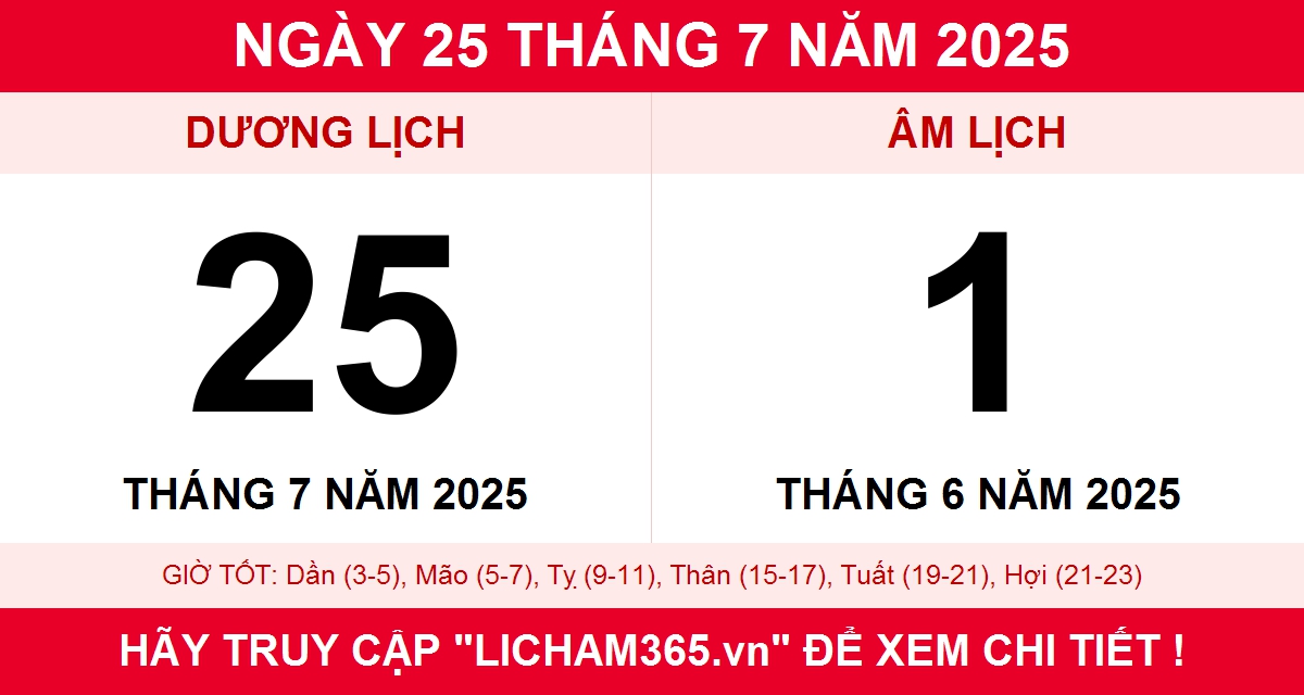 Lịch âm ngày 25 tháng 7 năm 2025, xem lịch âm hôm nay 25/7/2025