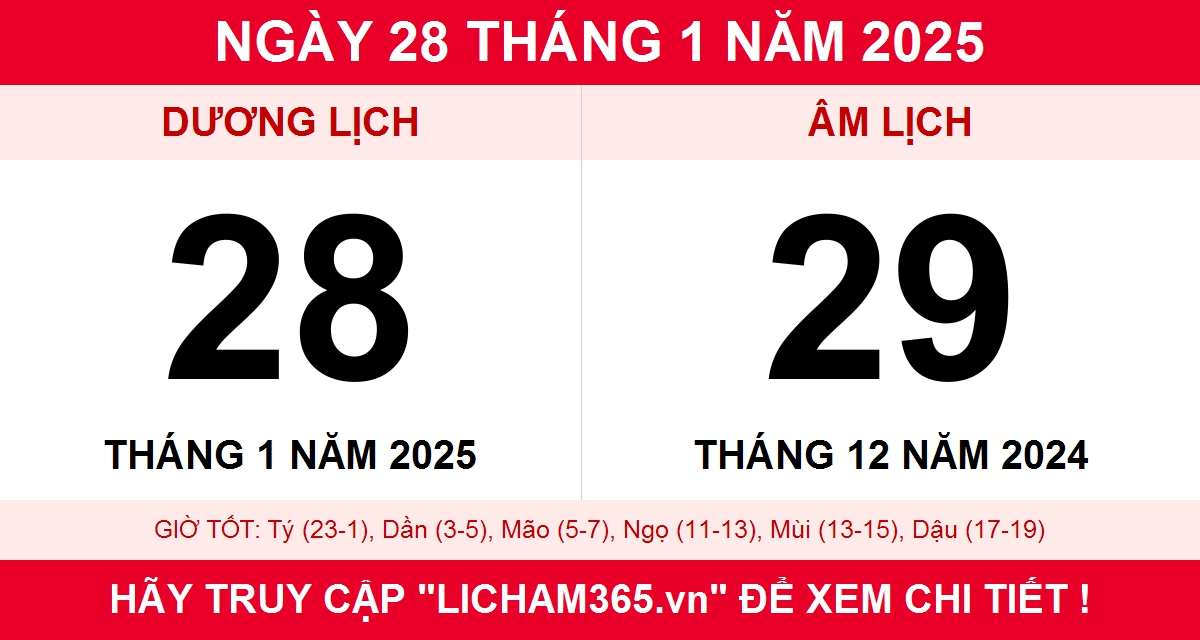 Lịch âm ngày 28 tháng 1 năm 2025, xem lịch âm hôm nay 28/1/2025